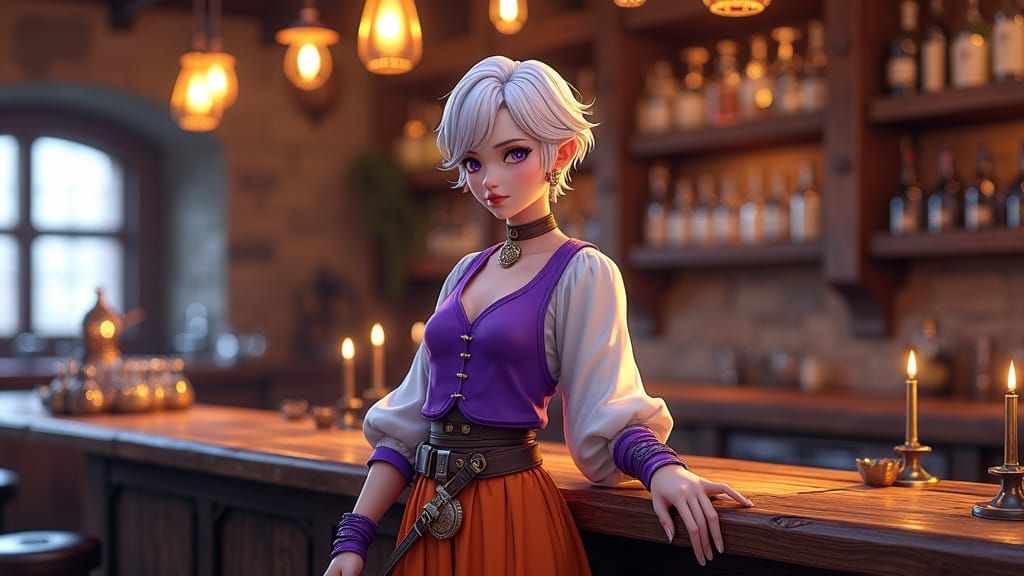 Confident Tavern Keeper in Vibrant Attire with Sci... - AI Art