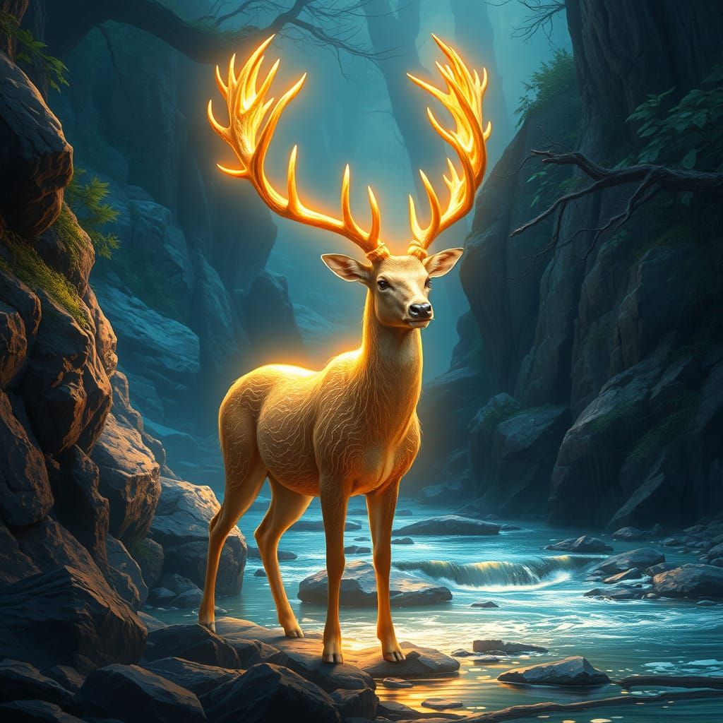 Golden Stag - Golden Stag in Enchanted Forest