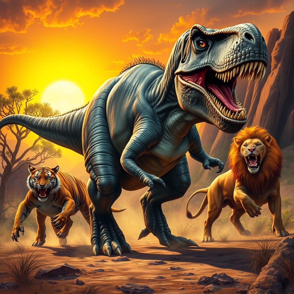 Tyrannosaurus Rex Battles Fierce Lion and Tiger in... - AI Art