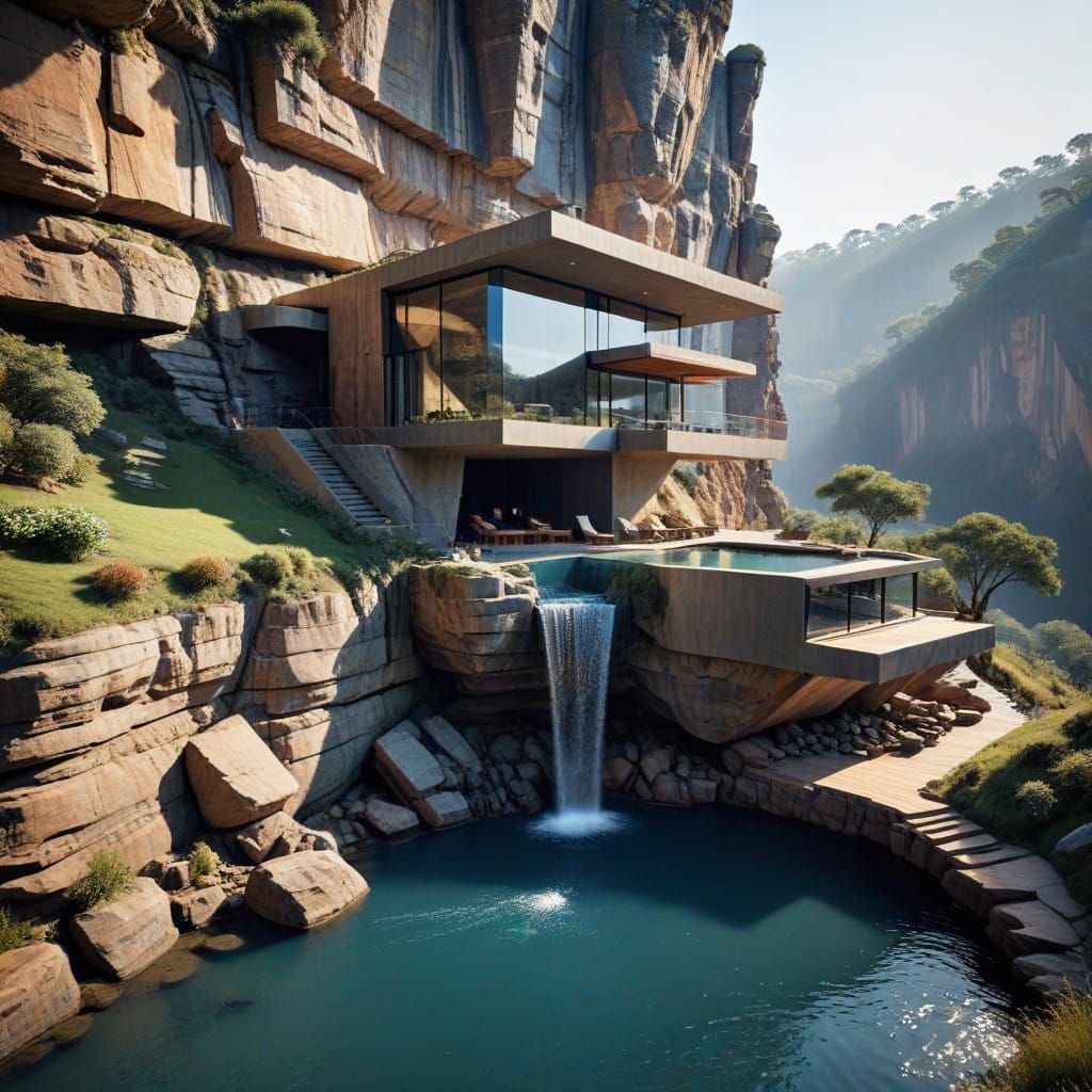 Surreal Cliffside Oasis with Waterfall and Impossi... - AI Art