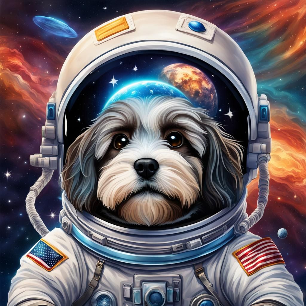 Cute havanese puppy with long flowing hair in an astronaut suit floating in space, realistic ...