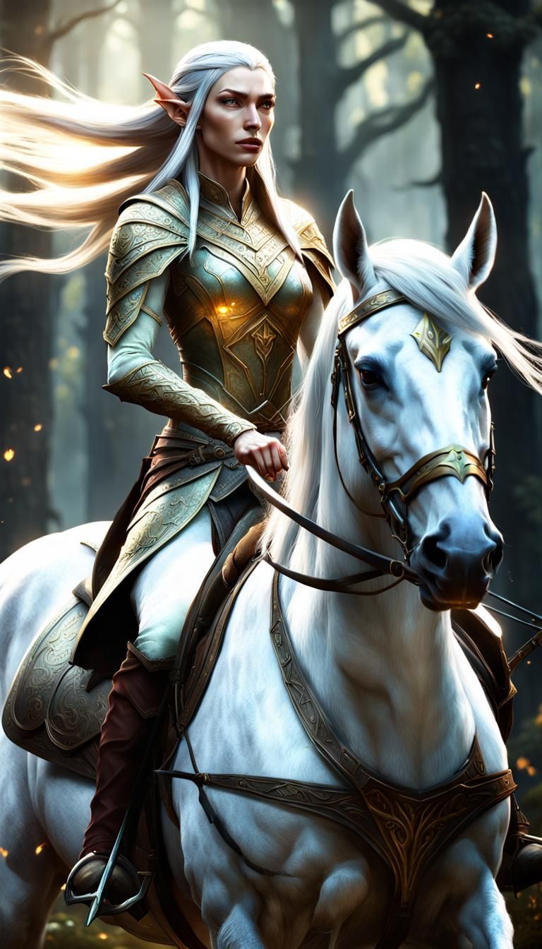 Powerful and majestic elf, long beautiful hair, riding a horse, elven ...