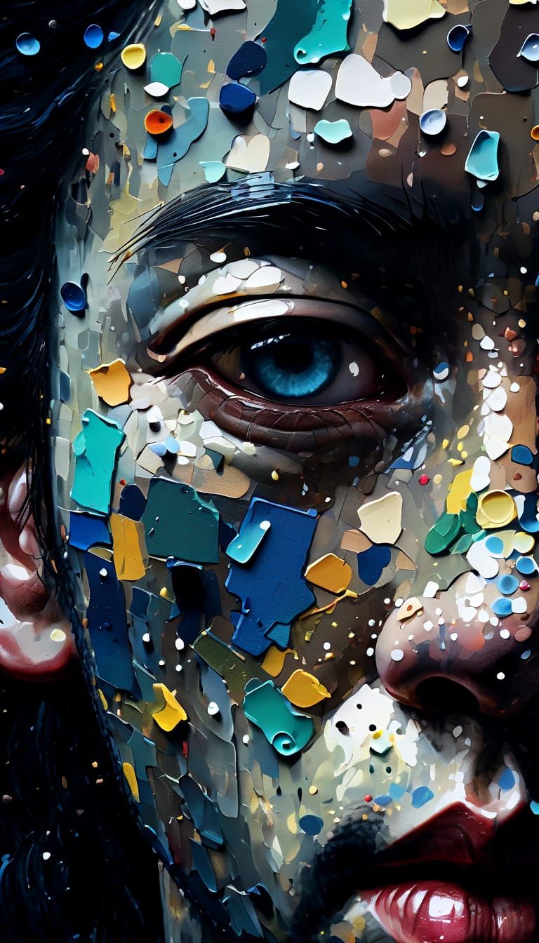 "Mottled" - close up, face downward, somber, surrealist fantasy impasto ...