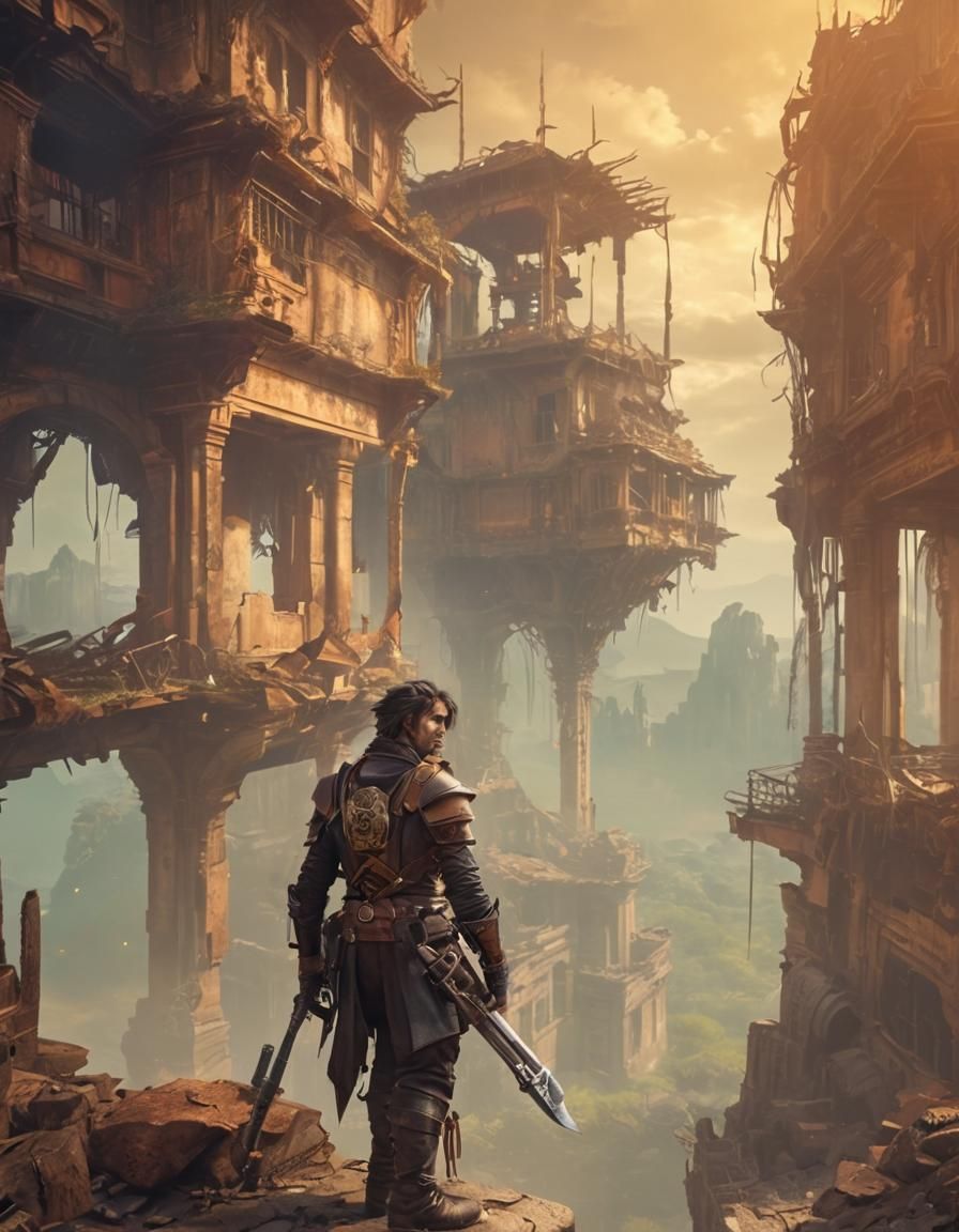 (portrait of a thin, tired adventurer with disheveled hair wears a old ...