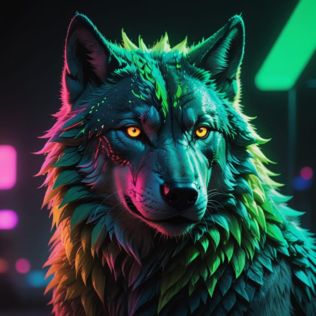 A neon green glowing Wolfs Head friendly looking and has beautiful skin