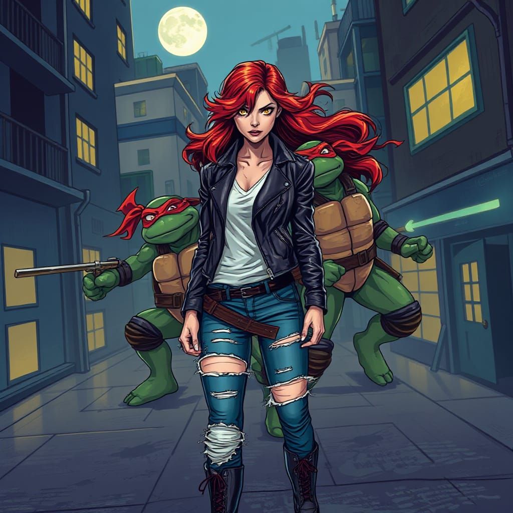 Gritty City Heroine Surrounded by Ninja Turtles in... - AI Art