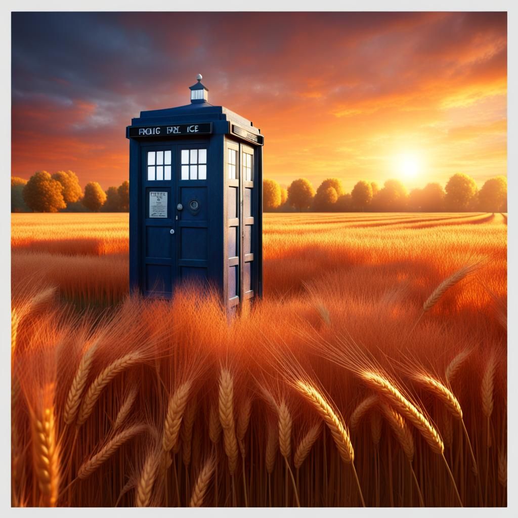 Tardis in a fall harvest wheat field with setting sun - AI Generated ...