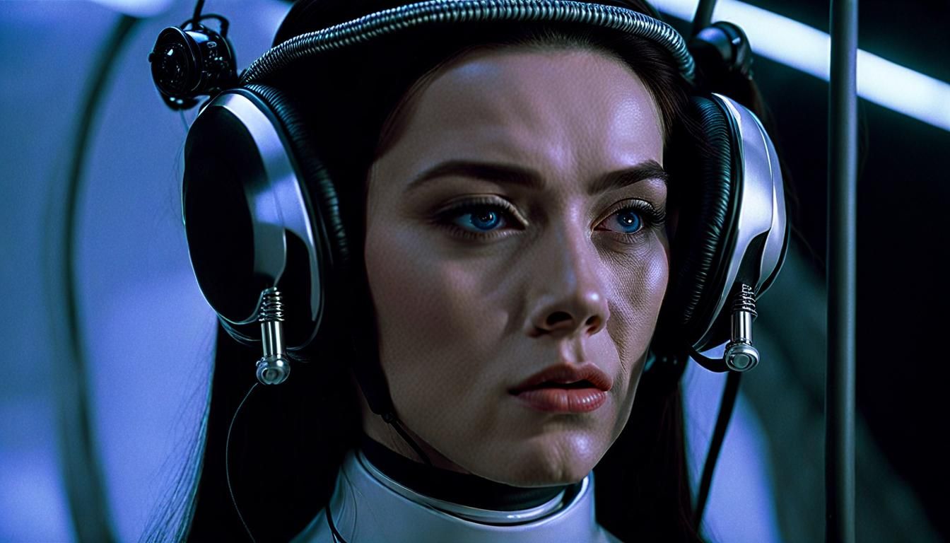 a close up of a person with headphones on, cables connected to head ...