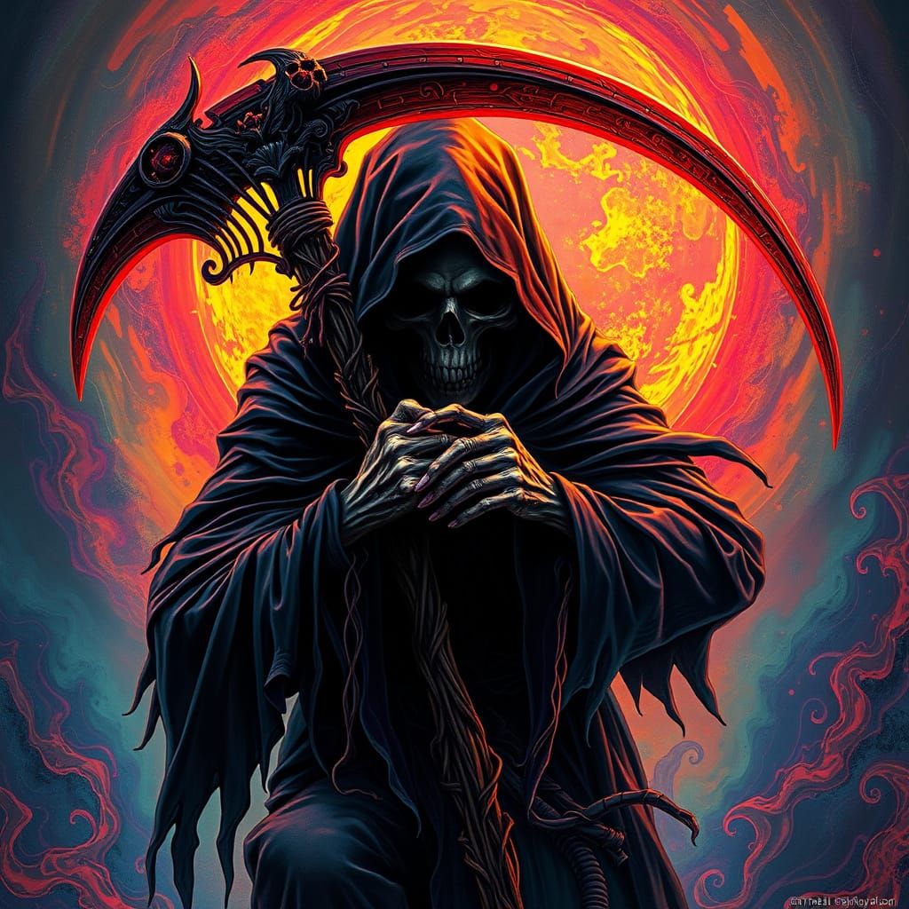 Surreal Grim Reaper in Neon Dreamscape - AI Art