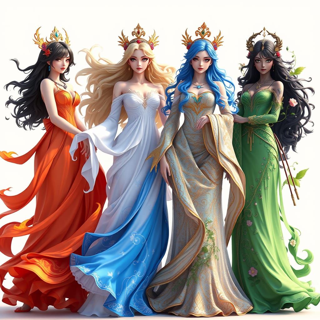 Four Goddesses of the Elements: Fire, Wind, Water,... - AI Art