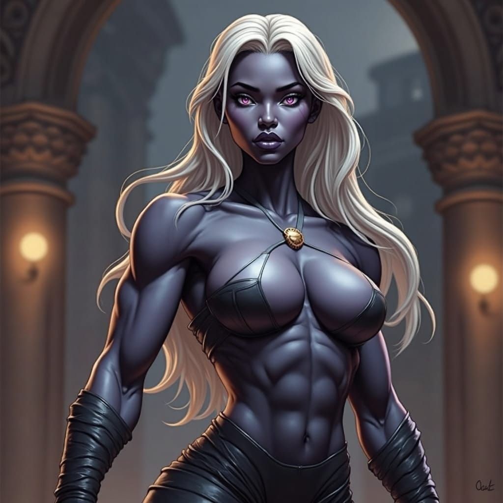Strong Drow Goddess Basks in Heavenly Radiance - AI Art