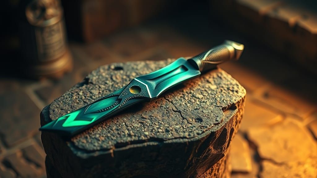 Surreal, Glowing Dagger on Granite Plinth in Myste... - AI Art