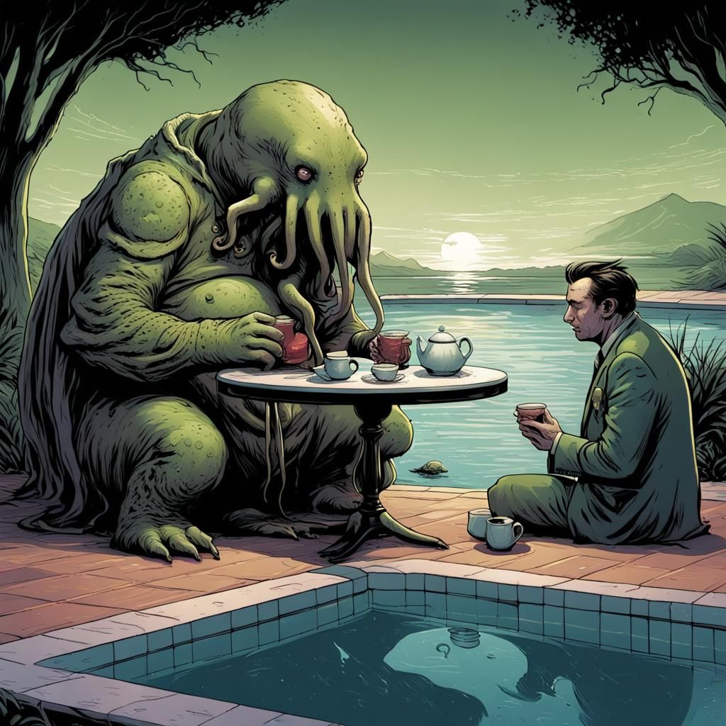 Cthulhu having tea with a friend by the pool - AI Generated Artwork ...