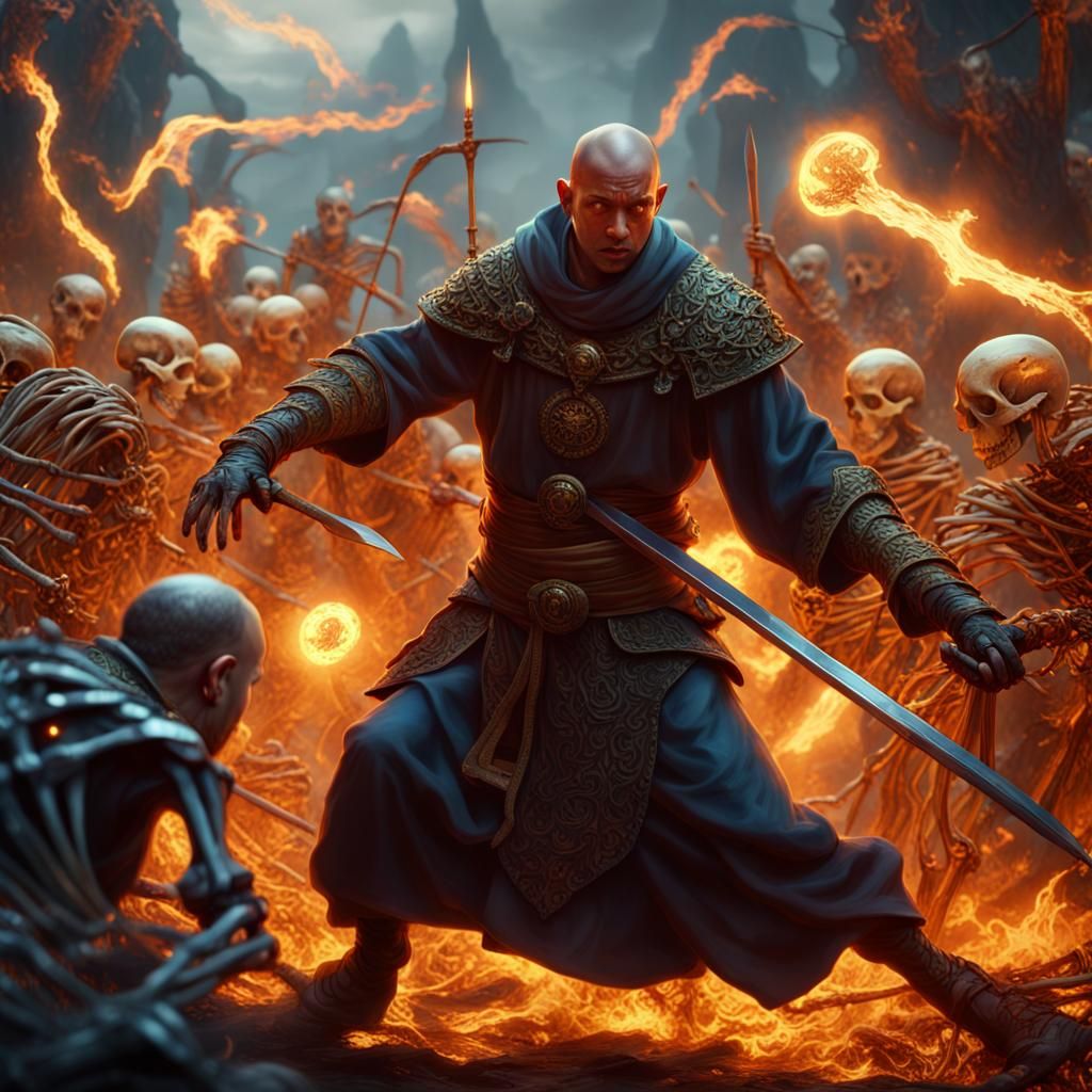 A radiant monk fighting off an army of armored skeletons - AI Generated ...