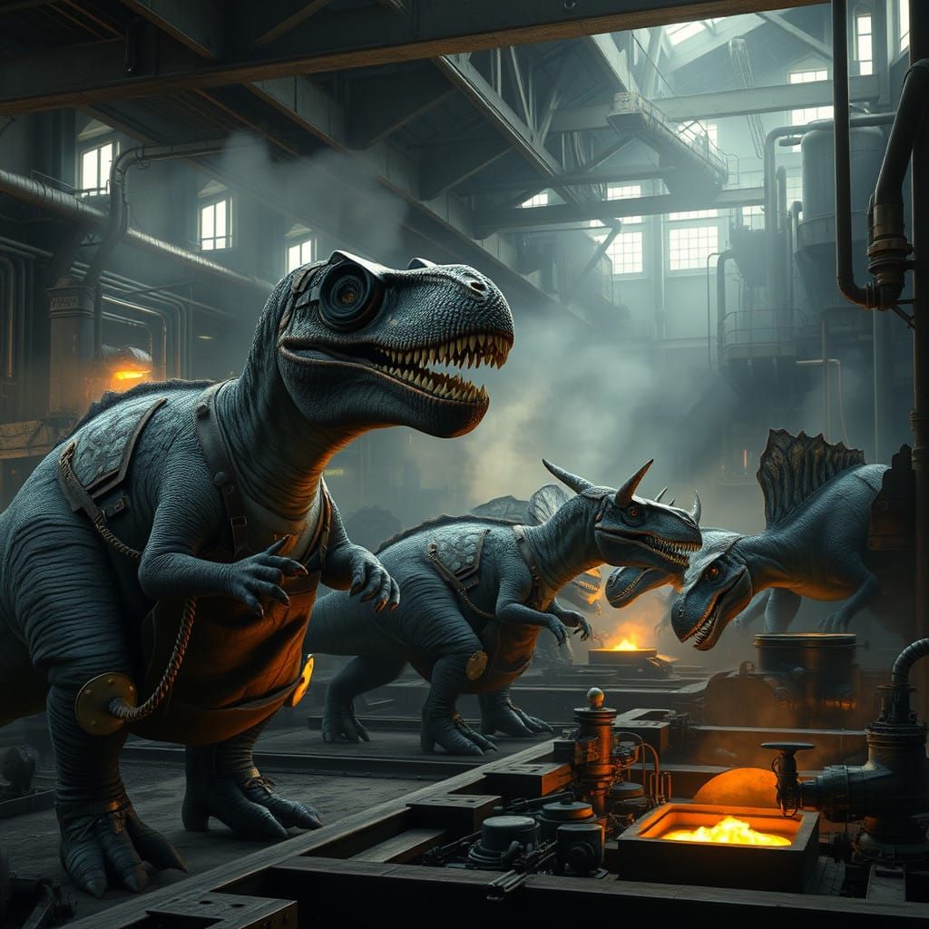 Hyperrealistic Steampunk Dinosaurs Work in Industr... - AI Art