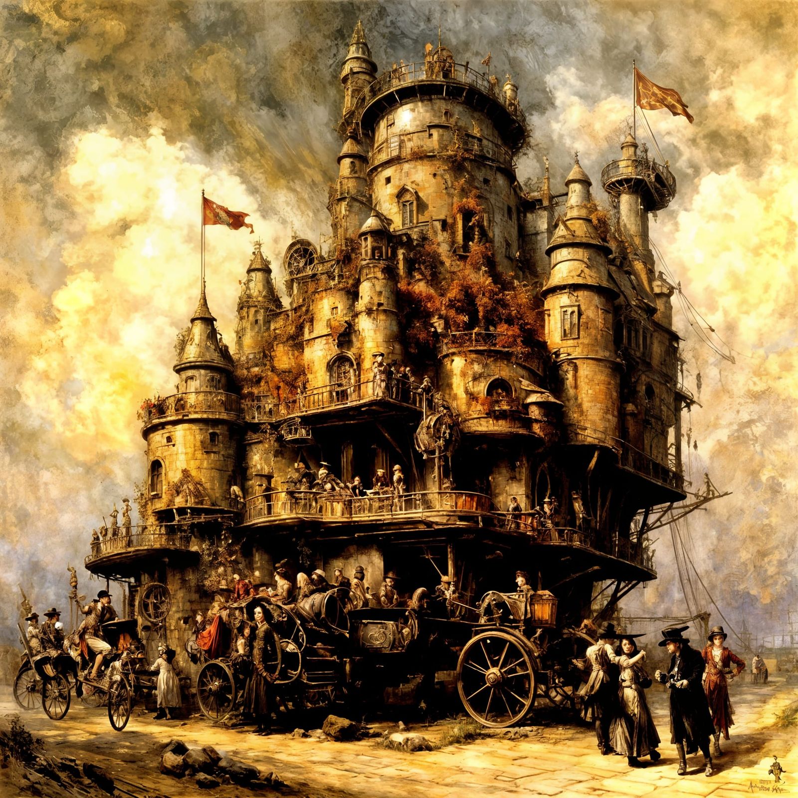 Steampunk wheeled castle by arthur rackham and pino daeni