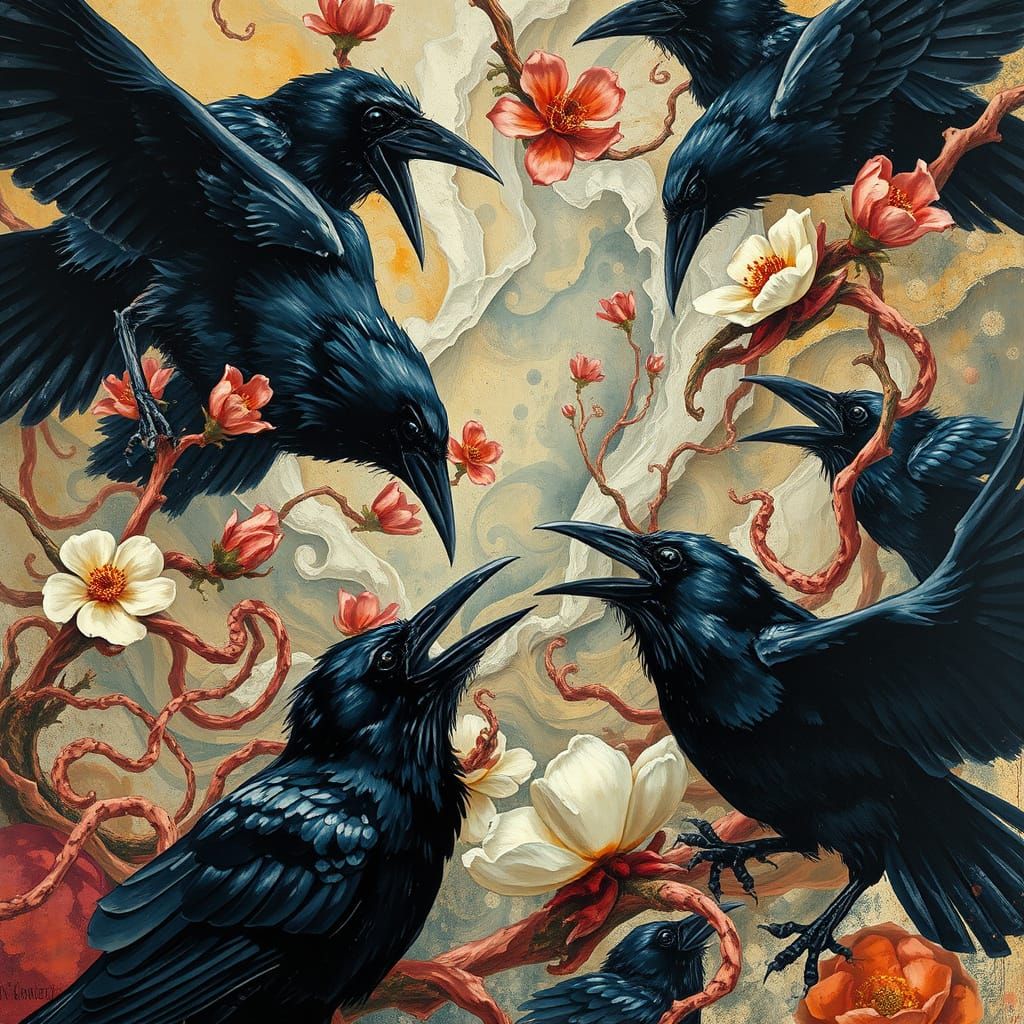 Gouache Crows Converge on Bittersweet Blooms and T... - AI Art