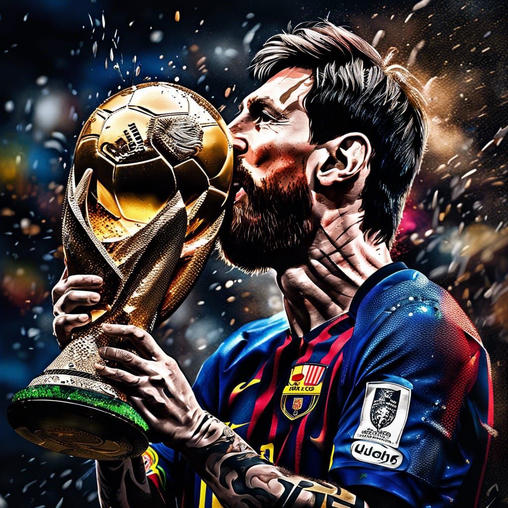 Portrait, splash art, leo messi holding the worldcup trophy, realistic ...