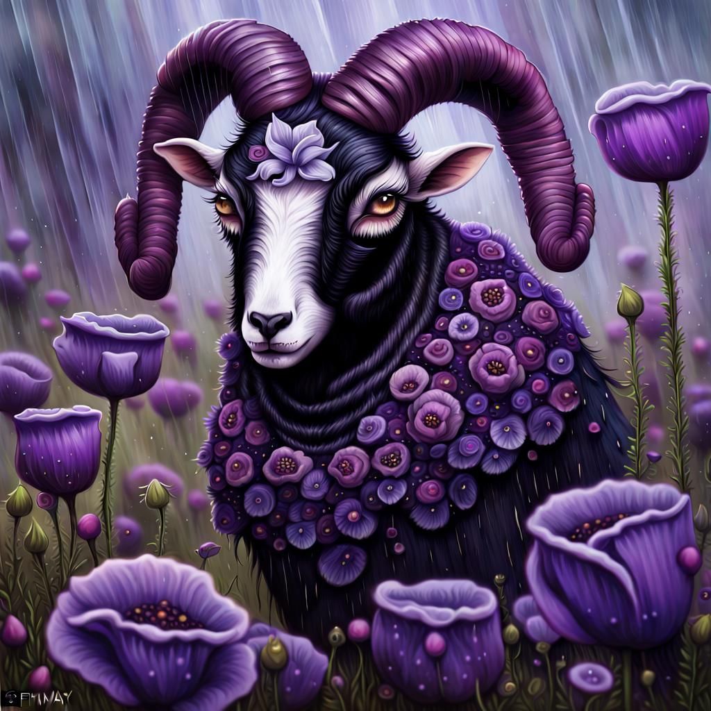 Purple ram covered in poppy flowers in the rain - AI Generated Artwork ...
