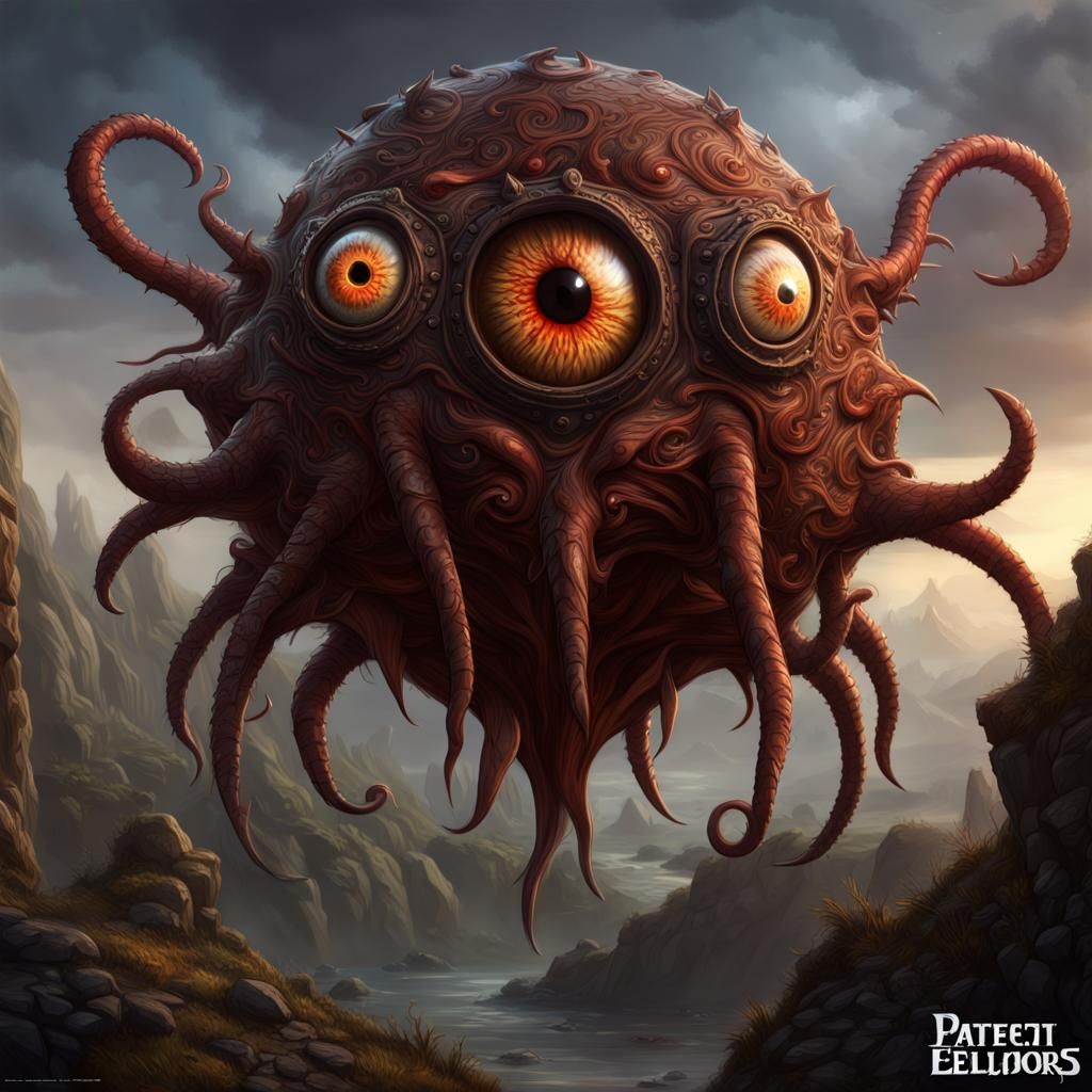 Fantasy D&D Beholder, Large mouth, Many eye stalks, large bllod red ...