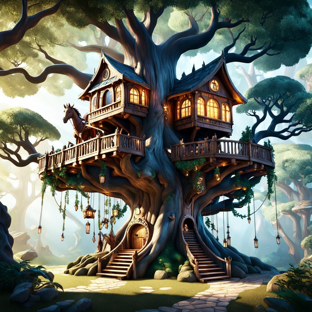 Treehouse nestled in a massive ancient tree.