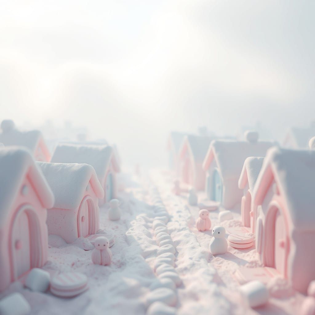 Whimsical Marshmallow Village in Ethereal Light - AI Art