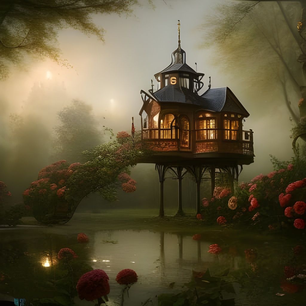 Elven tree-house in rose garden - AI Generated Artwork - NightCafe Creator