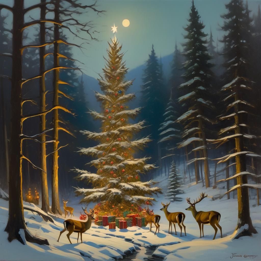 Deer Gathering Around the Christmas Tree - AI Generated Artwork ...
