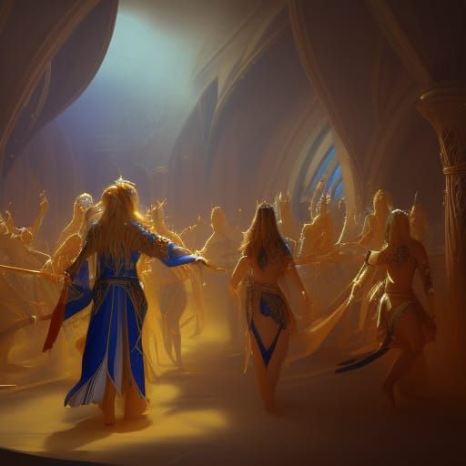 elf, blonde, long hair, blue robes with gold trim, scimitar, dancing ...