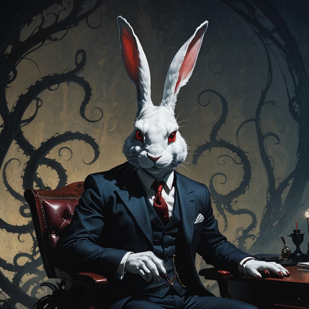 an evil smirking buff white rabbit silhouette in vintage black suit ...