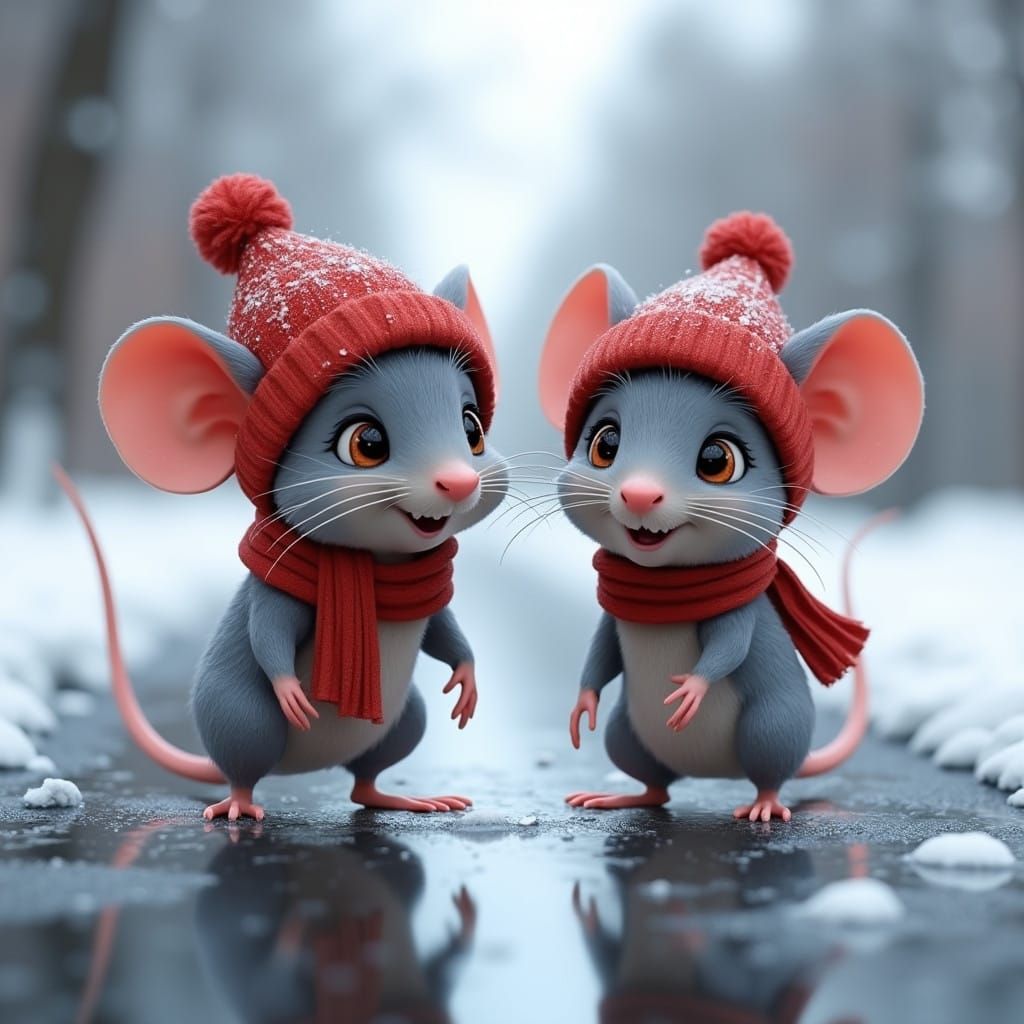 Adorable Mice Ice Skating in Sparkling Winter Wond... - AI Art