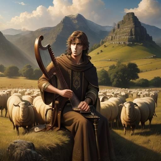 Shepherd David, early teenager with a handmade harp, sitting in a field ...