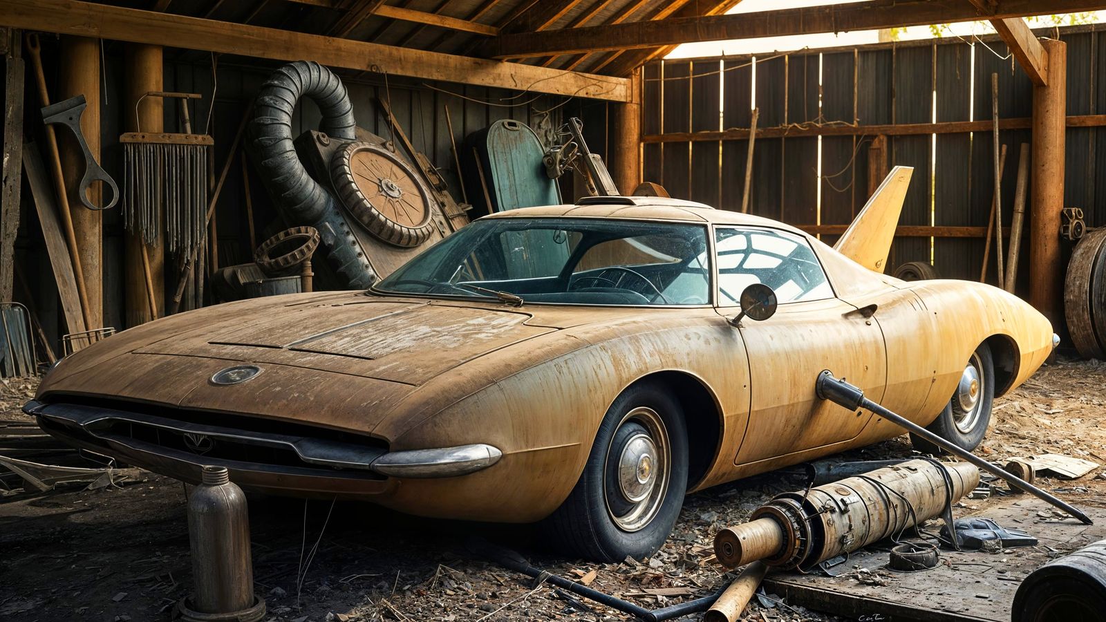 A 1963 sleek, angular, transparent bubble topped, finned, futuristic ...