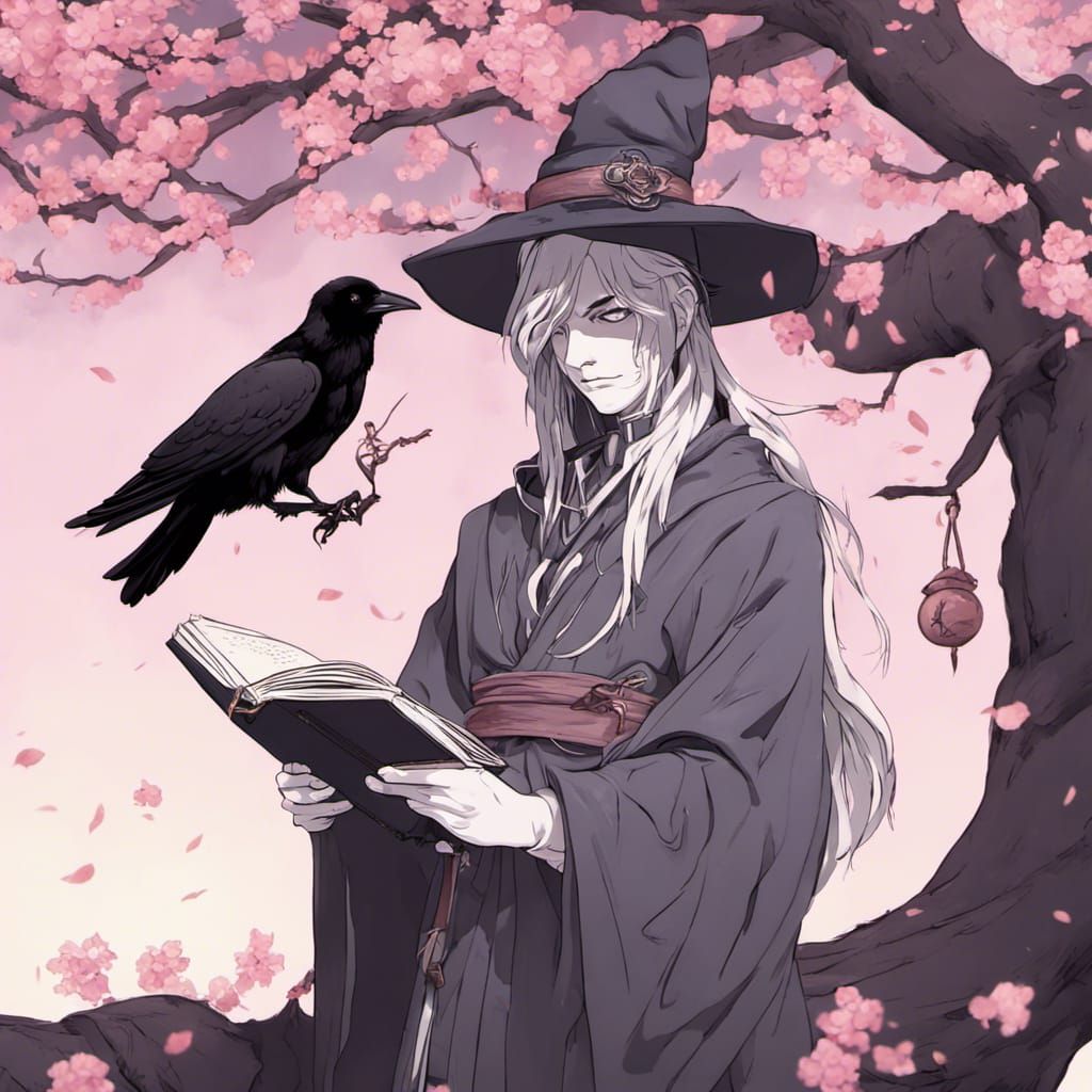 young fantasy wizard with hat, raven familiar reading his spell book ...