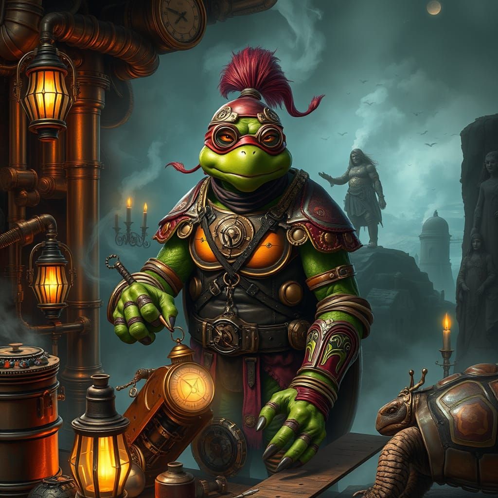 Steampunk Ninja Turtle Inventor with Mechanical Co... - AI Art
