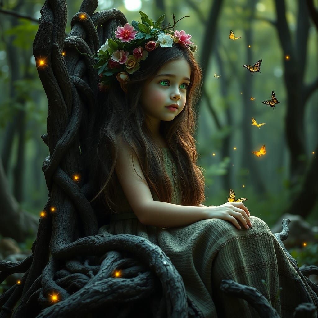 Enchanted Forest Goddess Sits on Tree Root Throne - AI Art