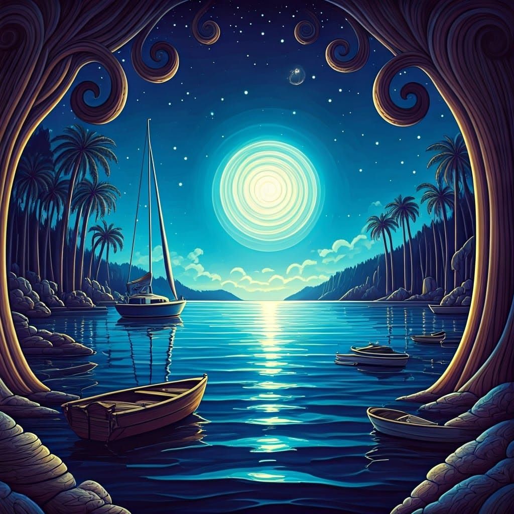 Whimsical Night Harbor in Nouveau Zentangle Style - AI Art