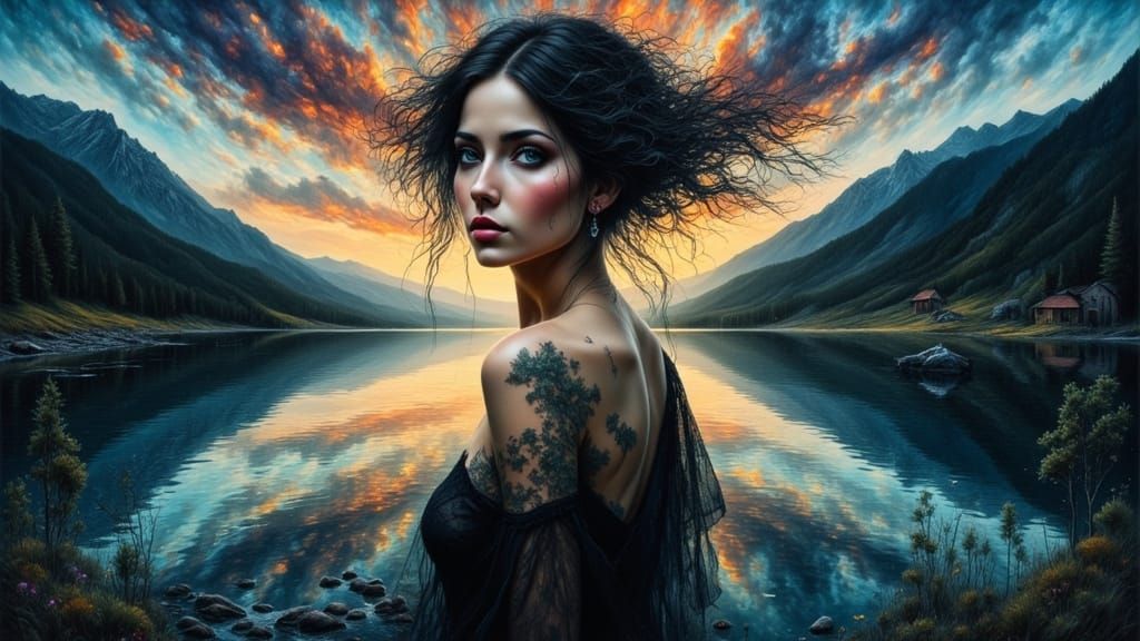 Double expose: lake night landscape and Hyperdetailed sensual oil ...