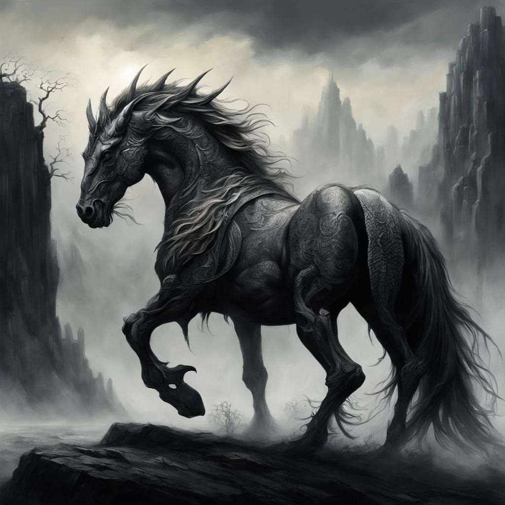 Majestic Dragon-Horse Hybrid in Dramatic Misty Lan... - AI Art