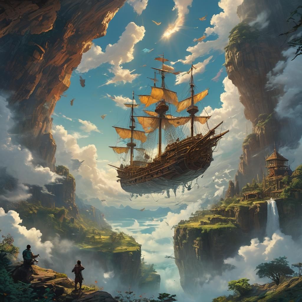 Distant shot, a magic flying ship, above the clouds, in the far ...