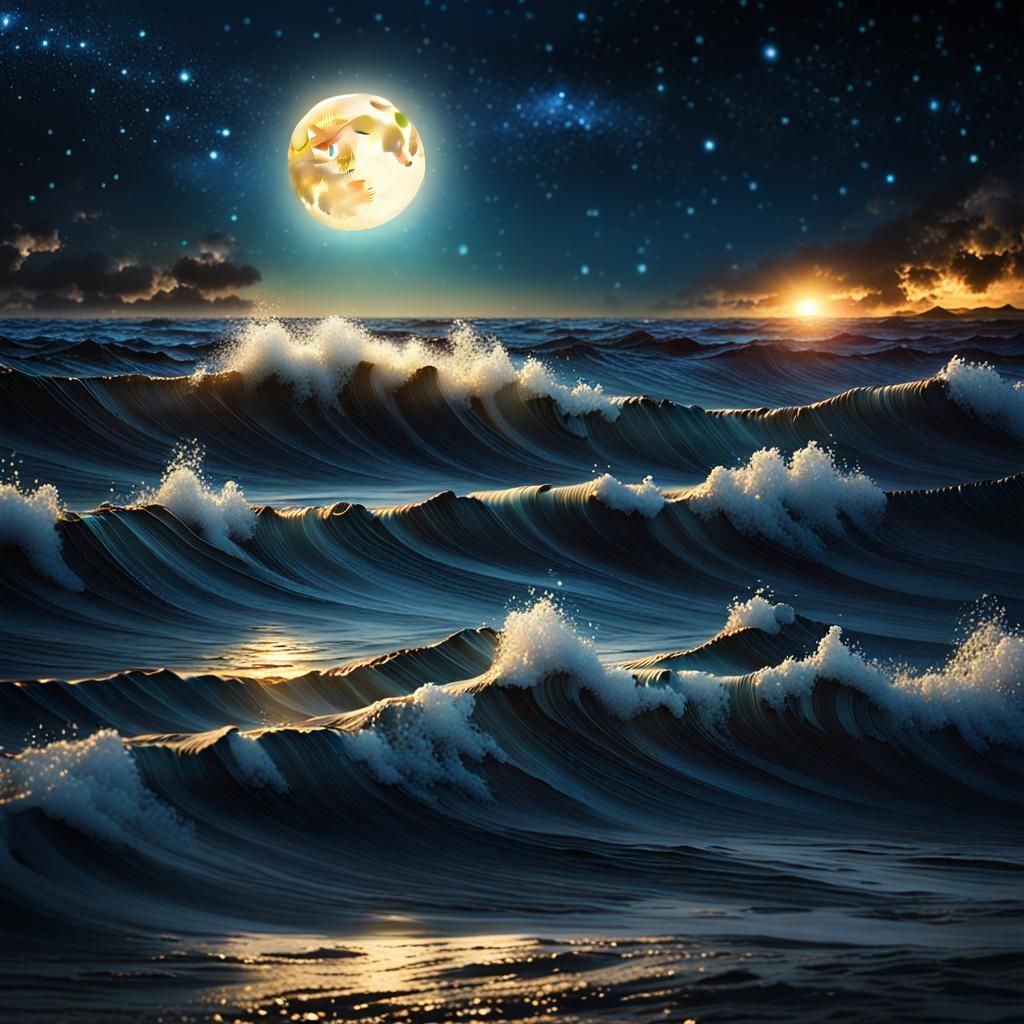 Ocean Waves at night with bright night sky - AI Generated Artwork ...
