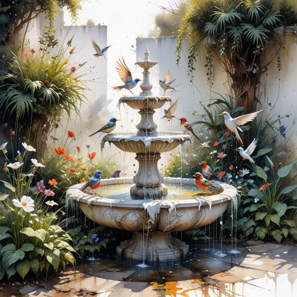 Fountain in a Garden. Birds bathing in the fountain