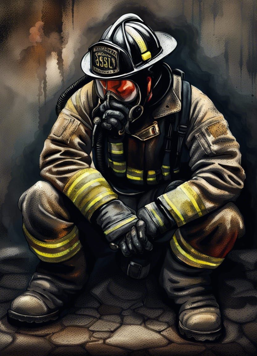 An exhausted firefighter - AI Generated Artwork - NightCafe Creator