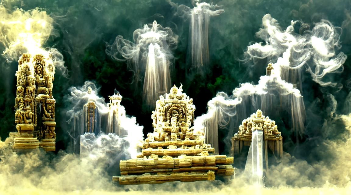 visualization of a divine throne in heaven with mist, clouds, towering ...