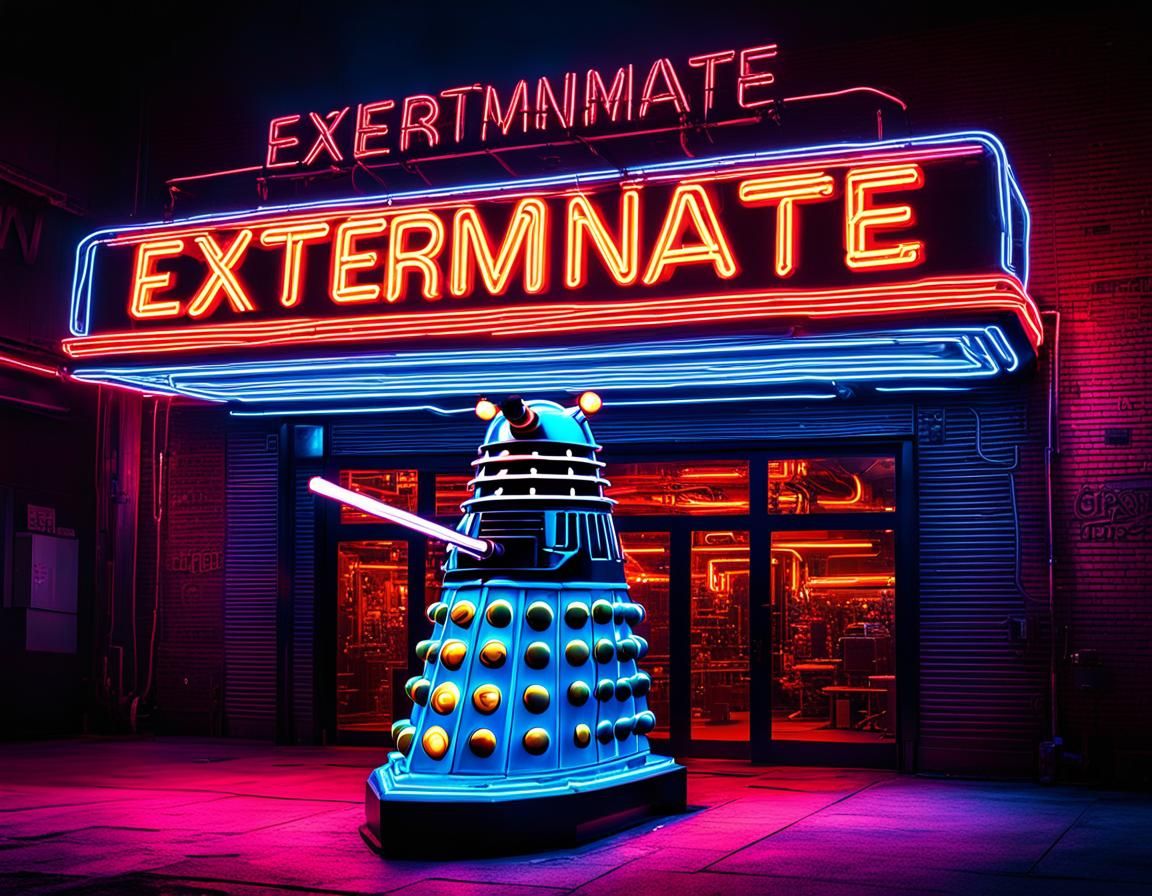 Neon images of a neon lit sign with the text 'EXTERMINATE' and a neon ...