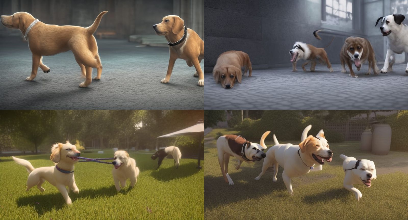 2 dogs, one walks a human on a leash, another dog walks a woman on a ...