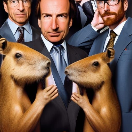 a muscular capybara lifting the eiffel tower alongside saul goodman ...