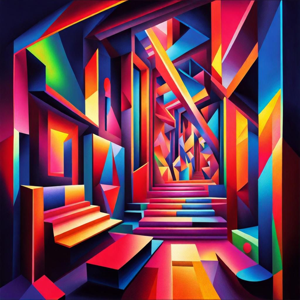 Well organized, compartmentalized, bright-neon, Neo-cubism painting ...