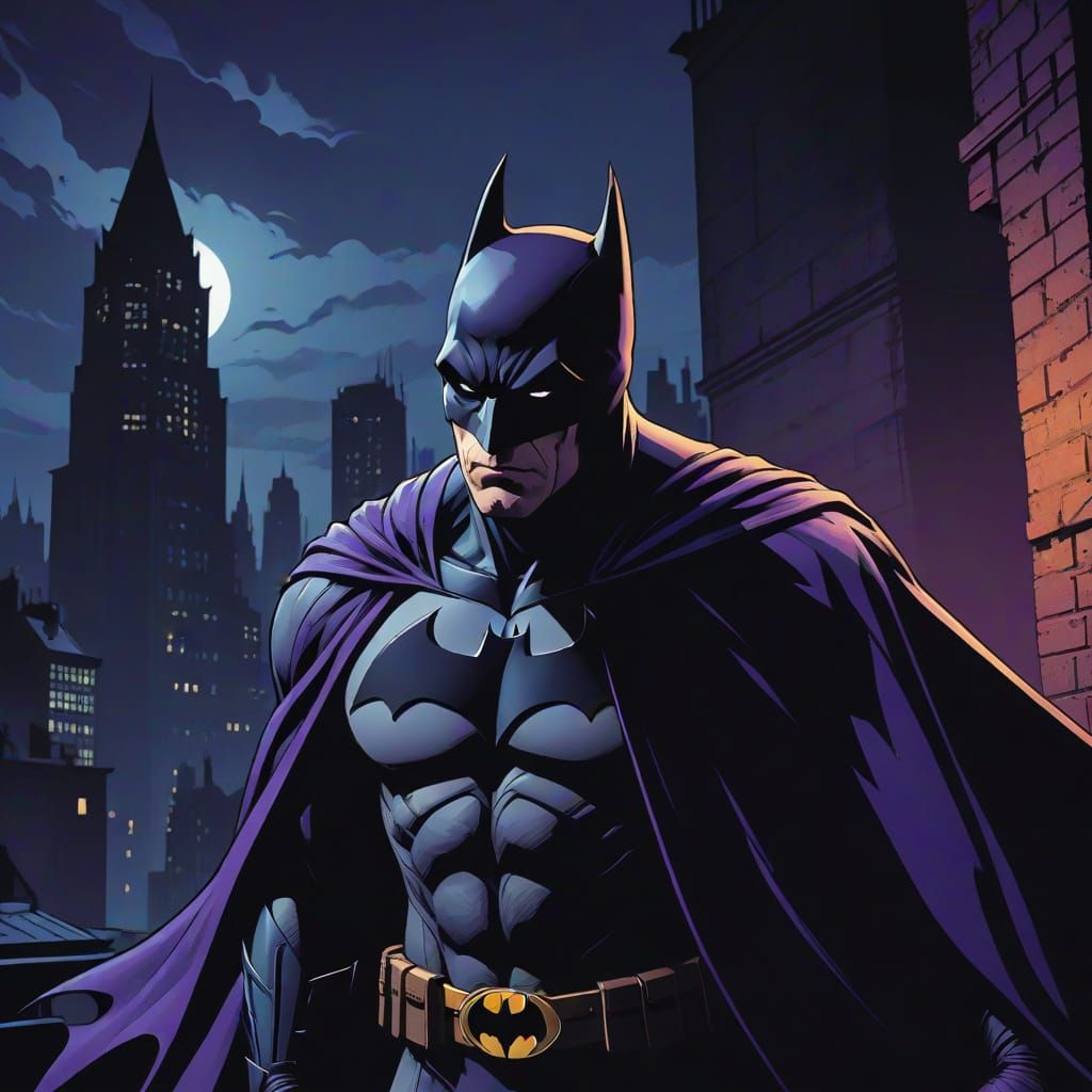 Batman - Batman on Gotham Rooftop in Dark Comic Style