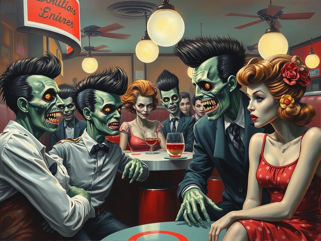Groovy Undead Hang Out in Retro Diner - AI Art